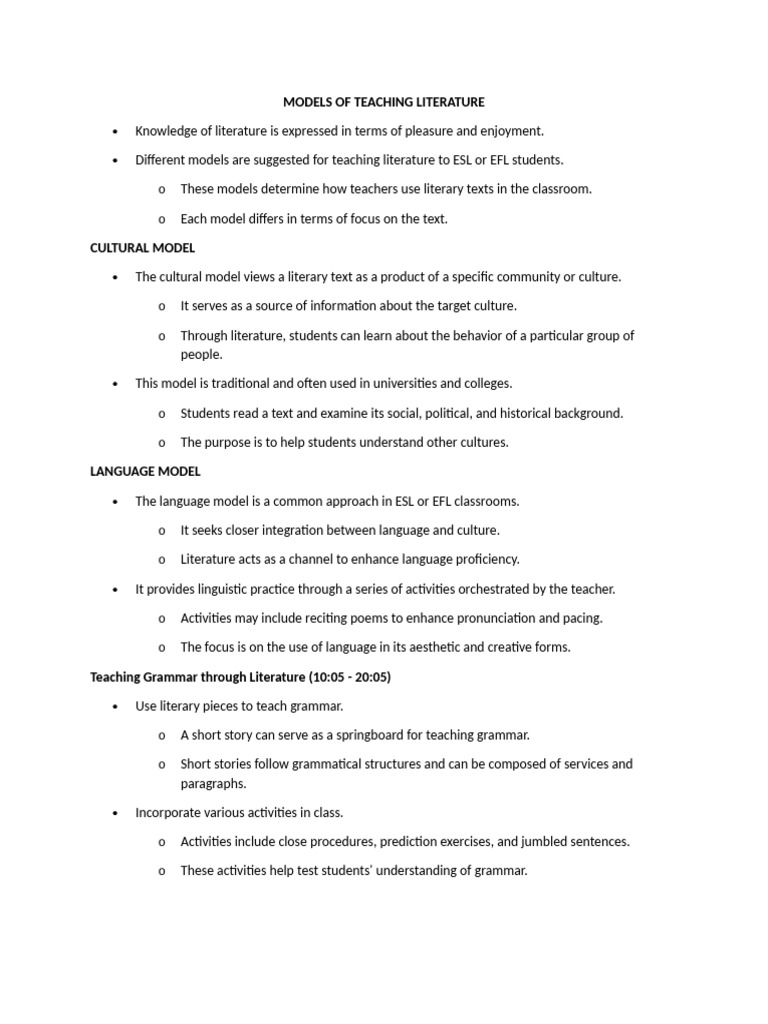 Teaching Literature: Effective Models for ESL/EFL | PDF | English As A ...