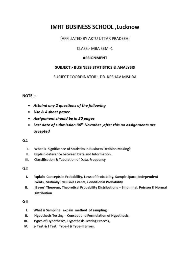 MBA Business Statistics Assignment | PDF