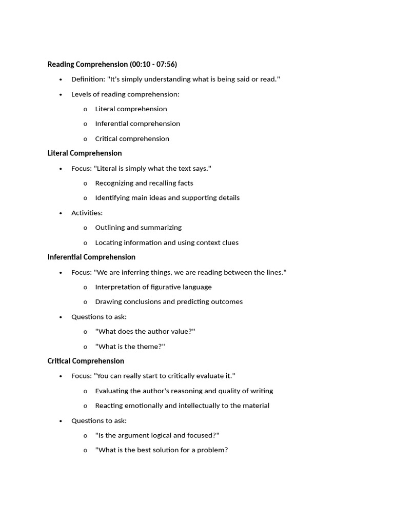 Understanding Reading Comprehension Levels | PDF