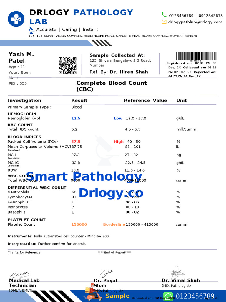 CBC Test Report Format Example Sample Template Drlogy Lab Report | PDF ...