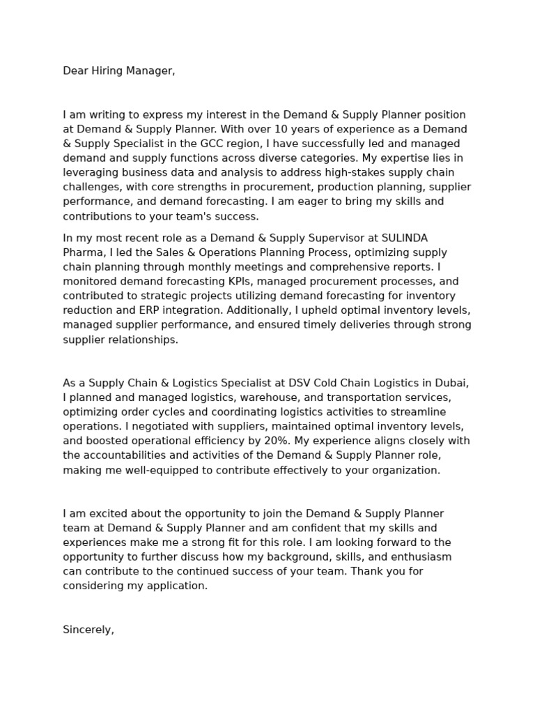 Demand & Supply Planner Cover Letter | PDF | Finance & Money Management