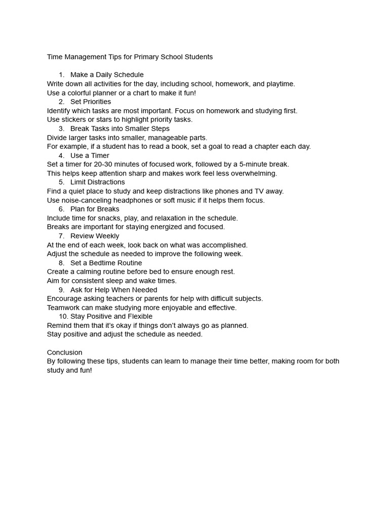 Time Management Tips For Primary School Students | PDF