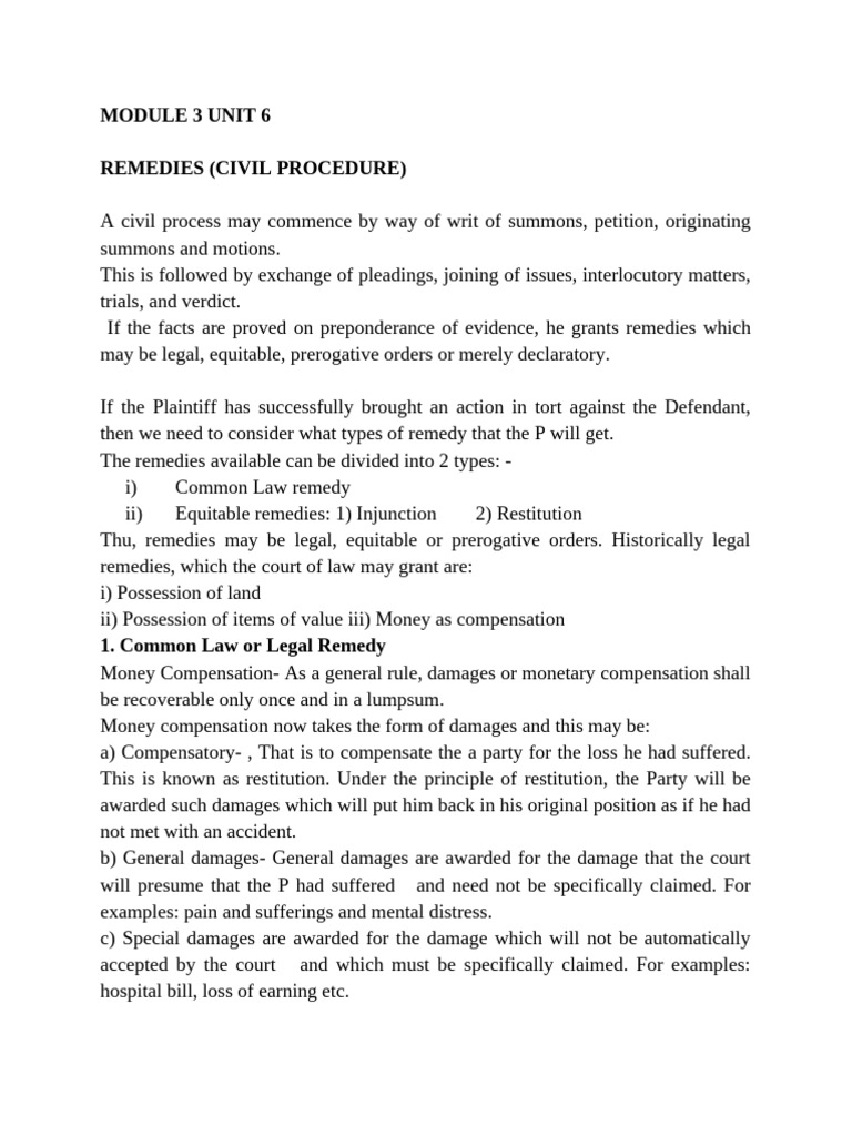 Module 3 - 7 Remedies - Civil Procedure | PDF | Legal Remedy | Damages