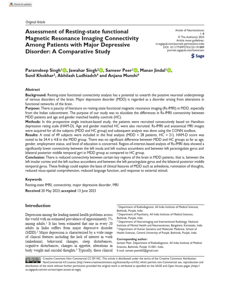 Singh Et Al 2023 Assessment of Resting State Functional Magnetic Resonance Imaging Connectivity ...
