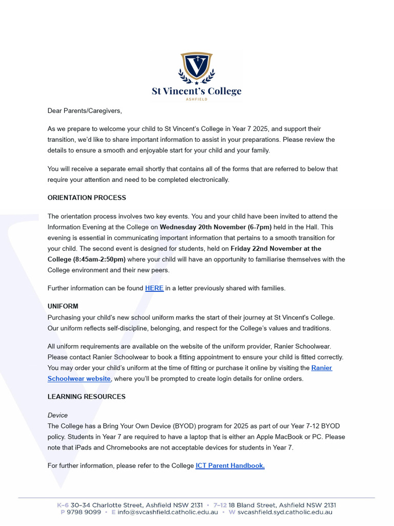 Year 7 (2025) Orientation Parent Information Letter | PDF