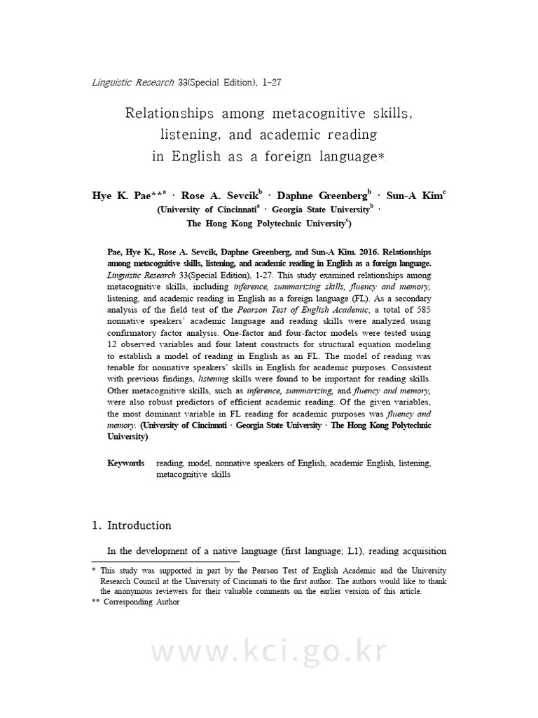 Relationships Among Metacognitive Skills, Listening, and Academic ...