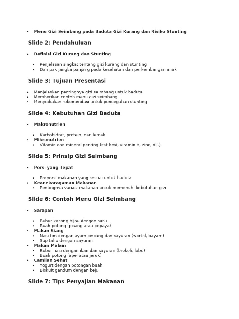 Menu Gizi Seimbang Pada Baduta Gizi Kurang Dan Risiko Stunting | PDF
