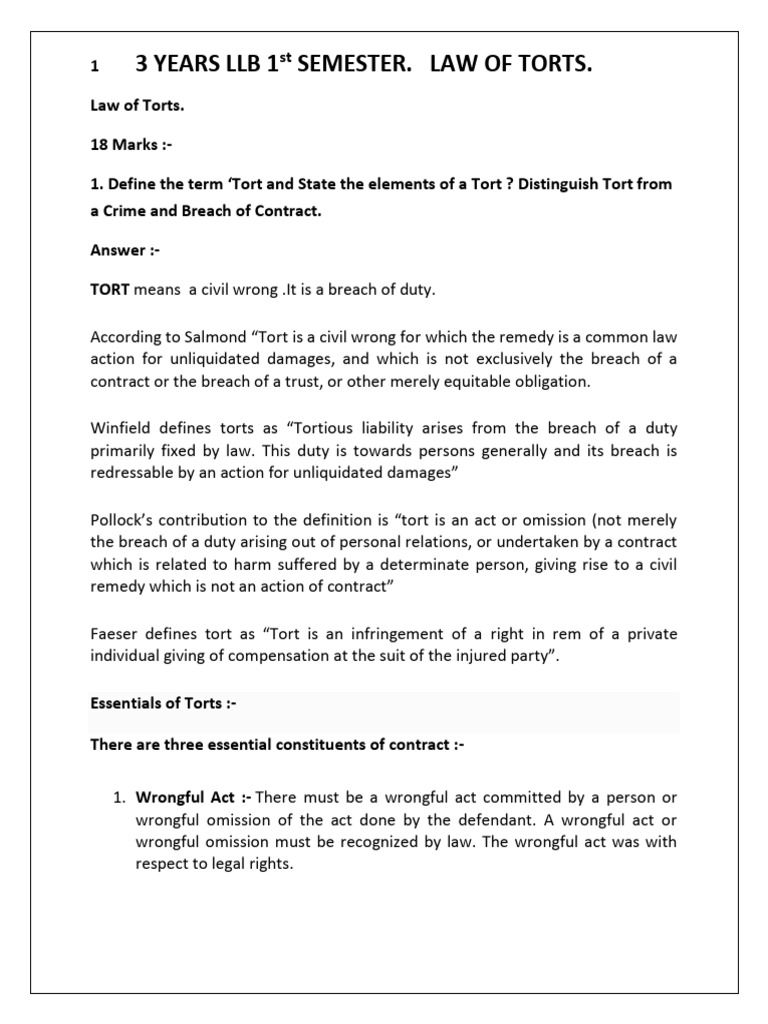 Law of Torts 18 Marks Answer | PDF | Tort | Damages