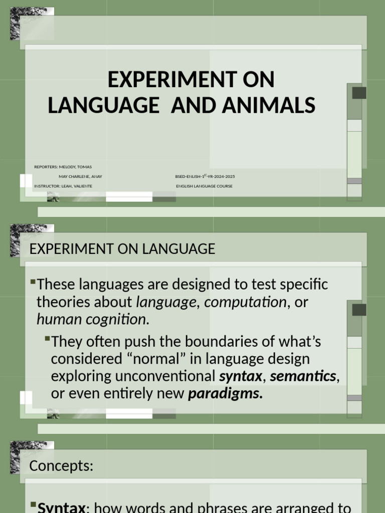 Language Experiments: Humans vs. Animals | PDF | Semantics | Linguistics