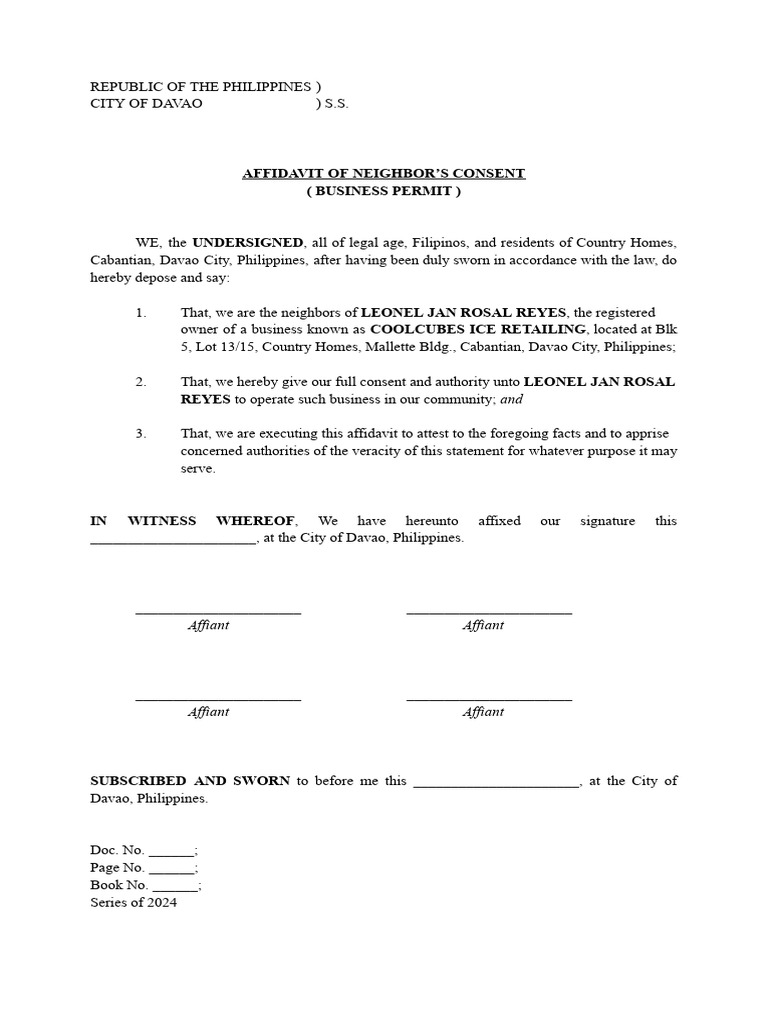 Affidavit of Neighbor's Consent (Leonel Jan Rosal Reyes) Coolcubes | PDF