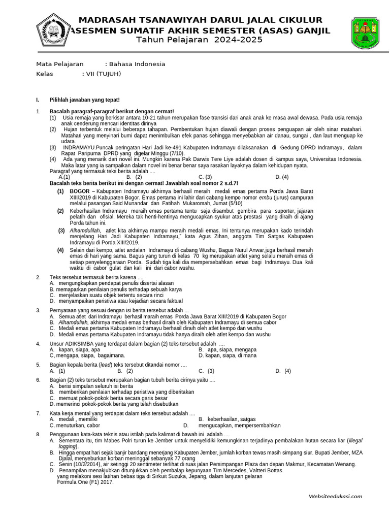 Soal PAS B.indo Kelas 8 Semester 1 | PDF