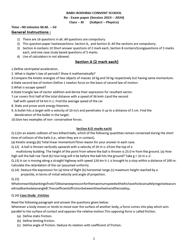 XI Physics Re Exam Set B | PDF | Momentum | Newton's Laws Of Motion