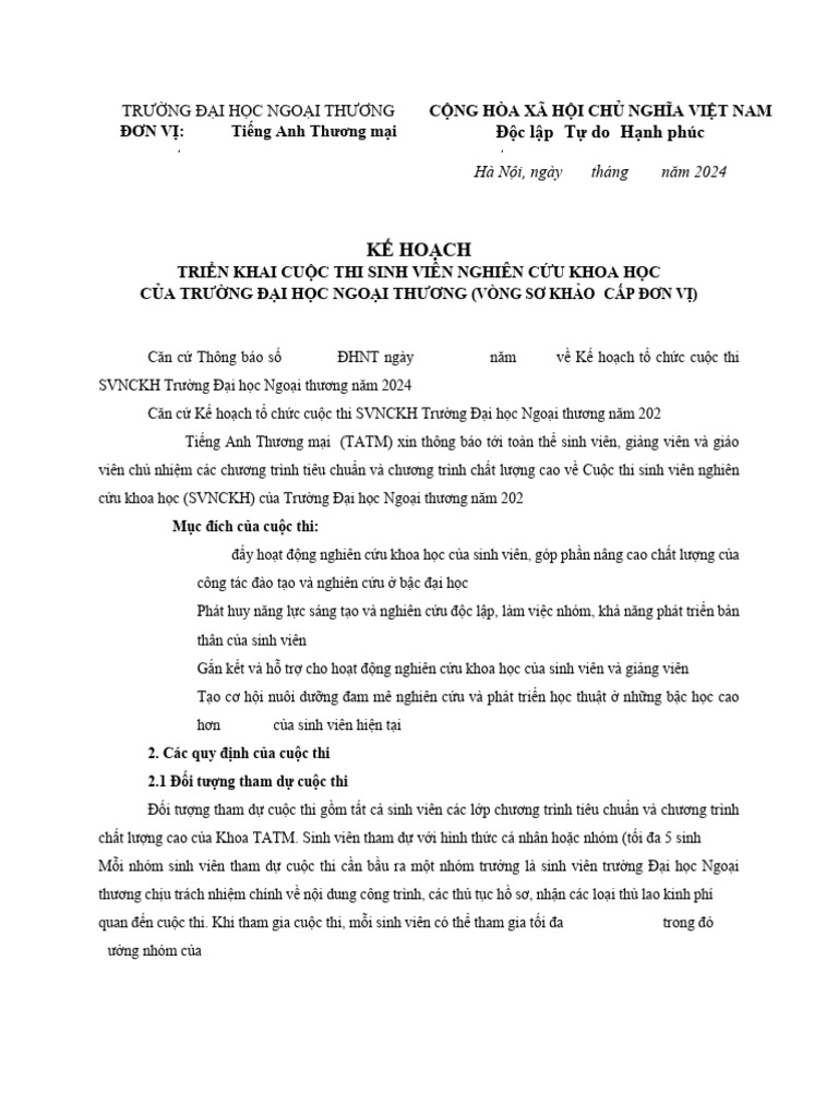 2024 2025 - Kế hoạch SVNCKH - TATM 1 | PDF
