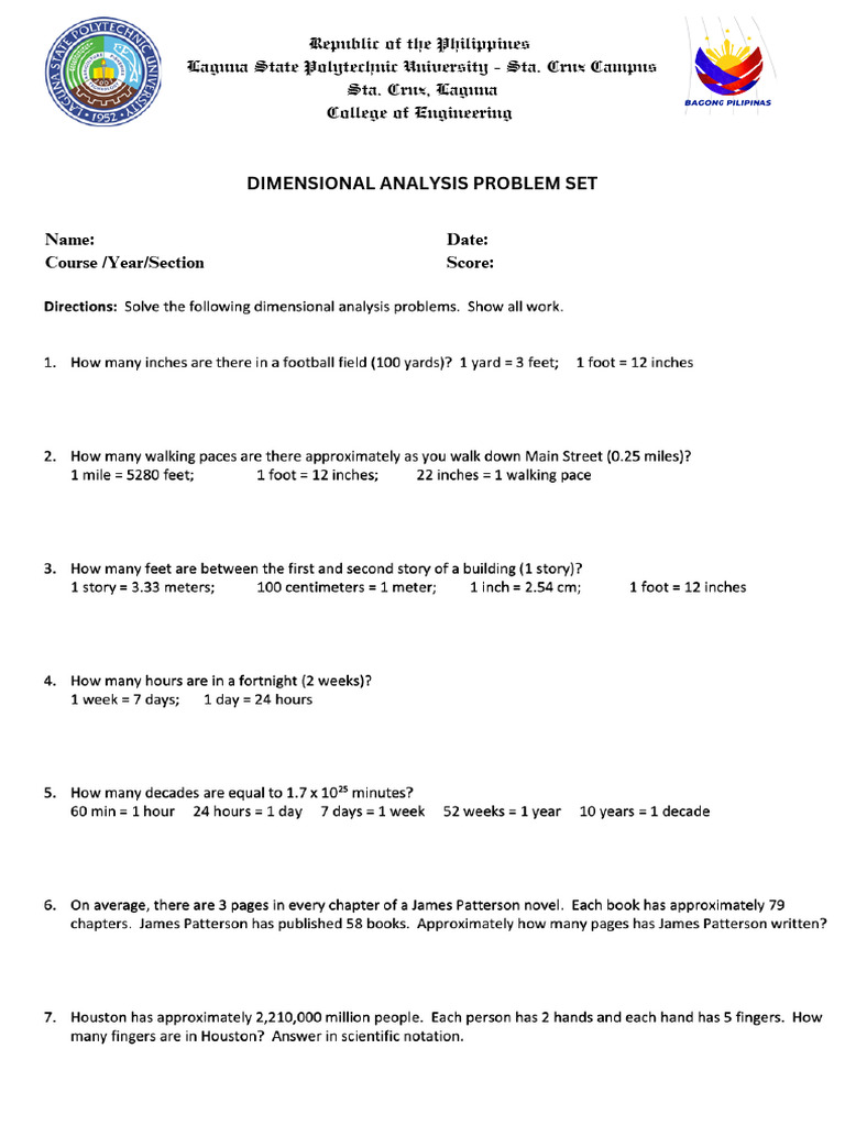 Dimensional Analysis Problem Set | PDF
