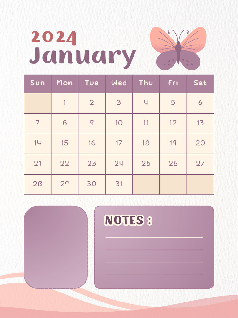 Purple Pink Cute Simple 2024 Calendar A4 Document | PDF