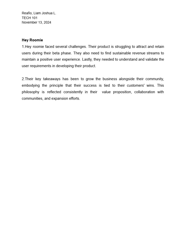 Hey Roomie: Beta Challenges & Growth | PDF