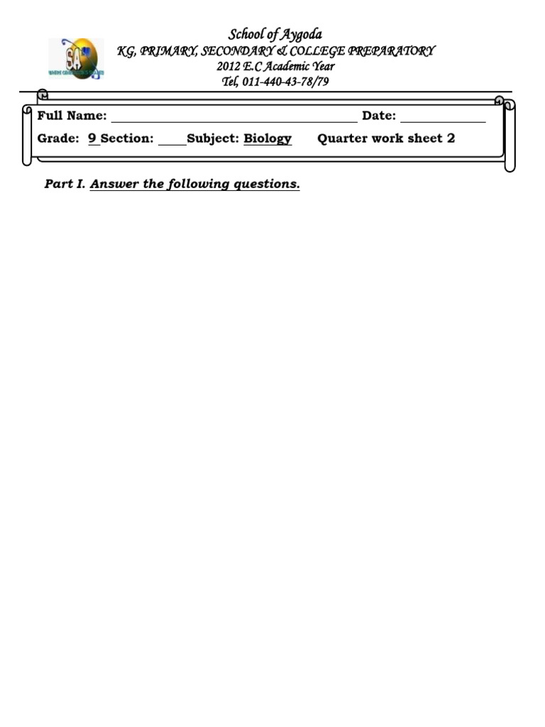 Grade 9 Biology Worksheet 2 | PDF | Science & Mathematics
