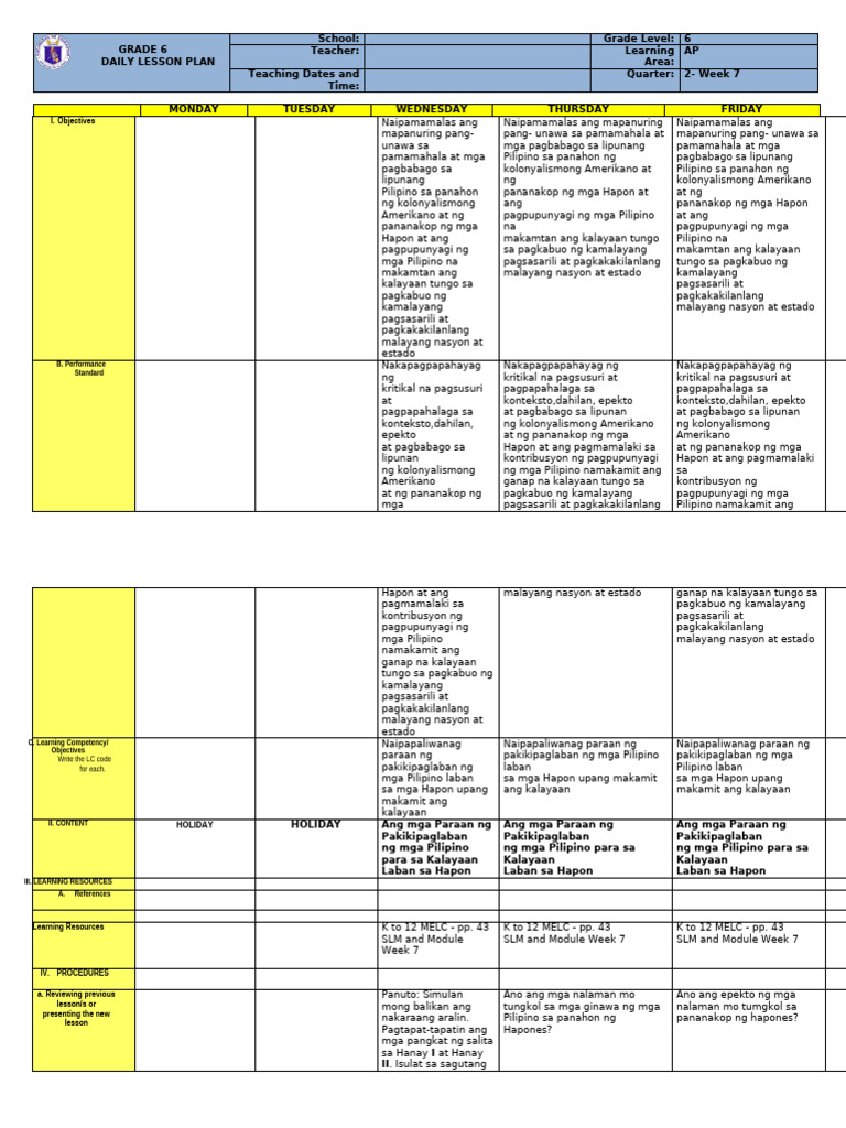 Grade 6 Daily Lesson Plan School: Grade Level: 6 Teacher: Learning Area ...