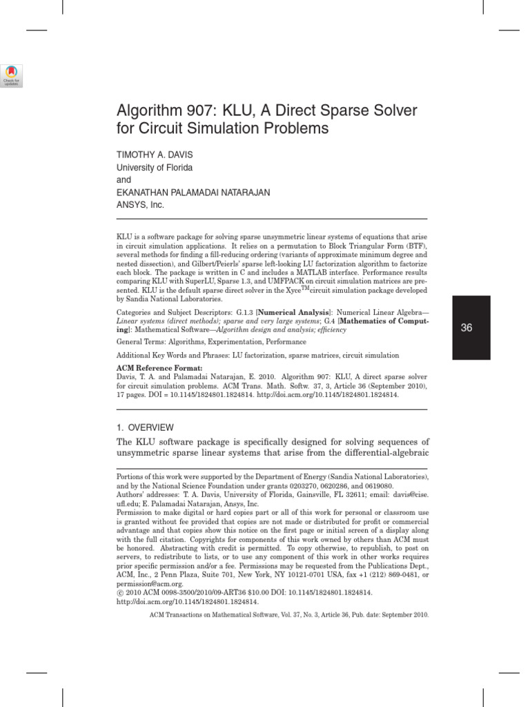 Algorithm 907: KLU, A Direct Sparse Solver For Circuit Simulation ...