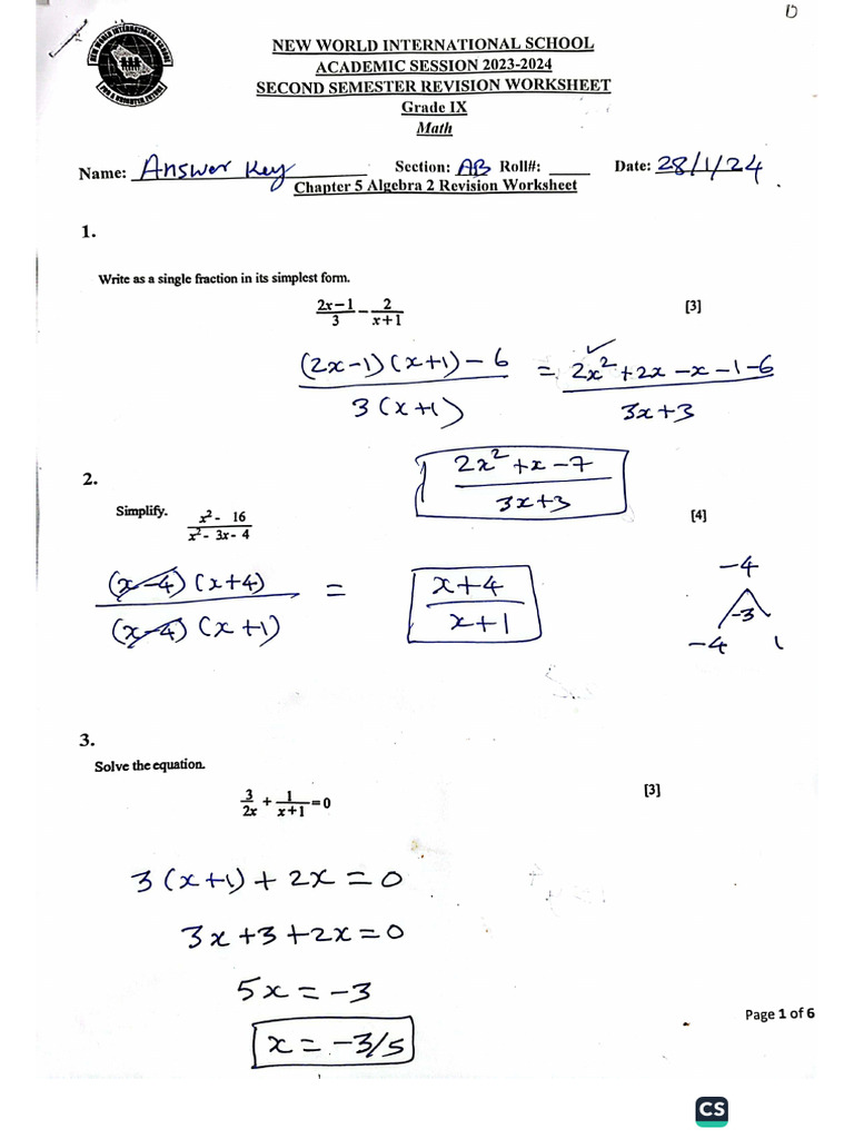Algebra II Ws Answer Key | PDF