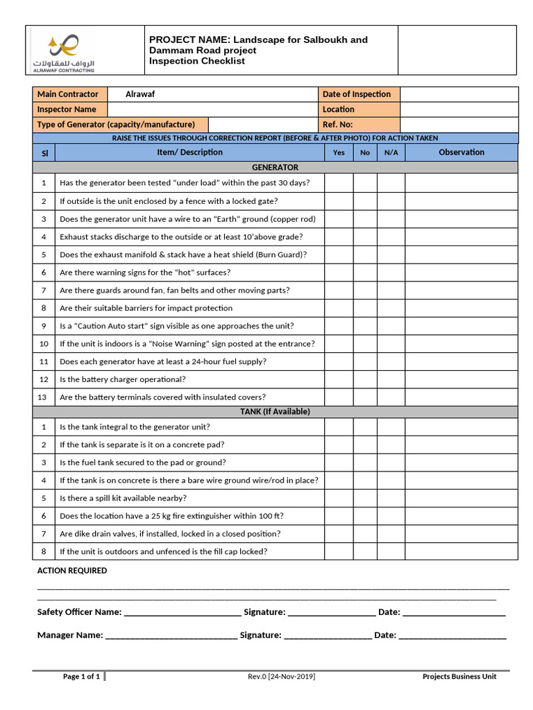 Diesel Generator Inspection Checklist | PDF