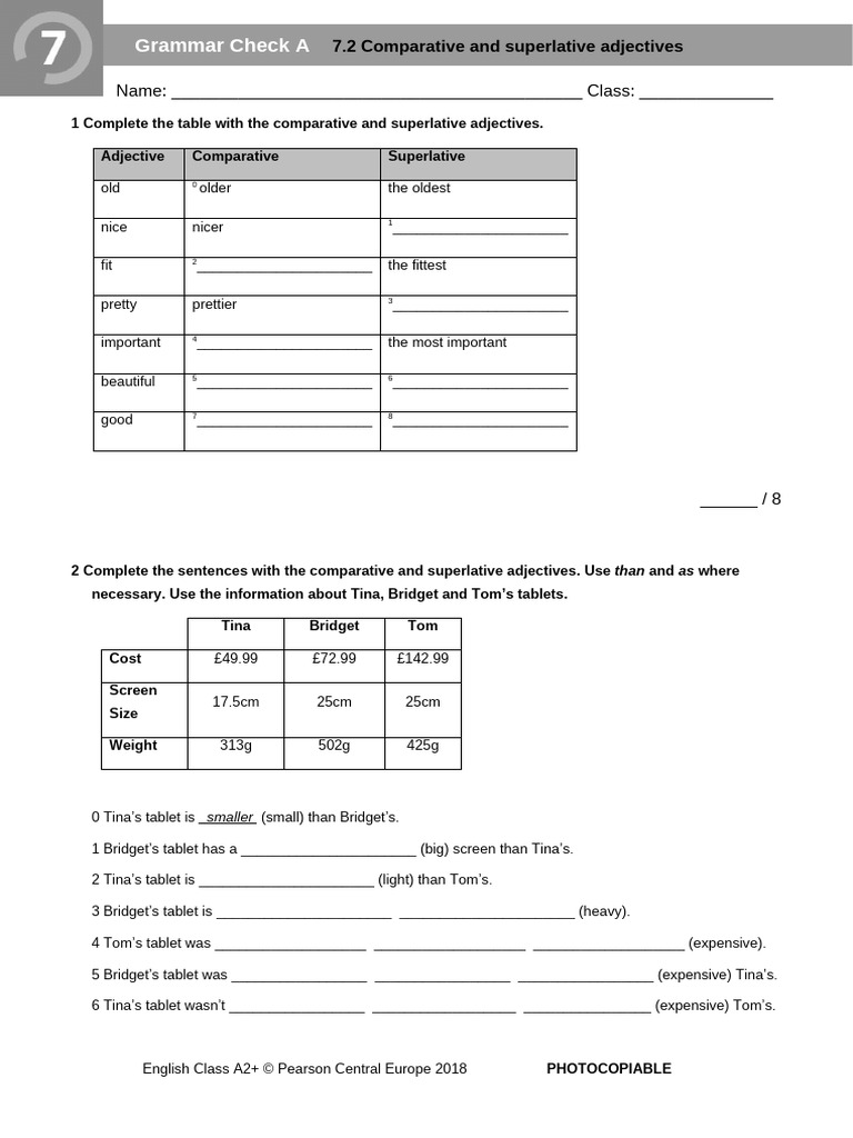 ECA2+ - Tests - Grammar Check 7.2A - 2018 | PDF | Adjective | Syntax