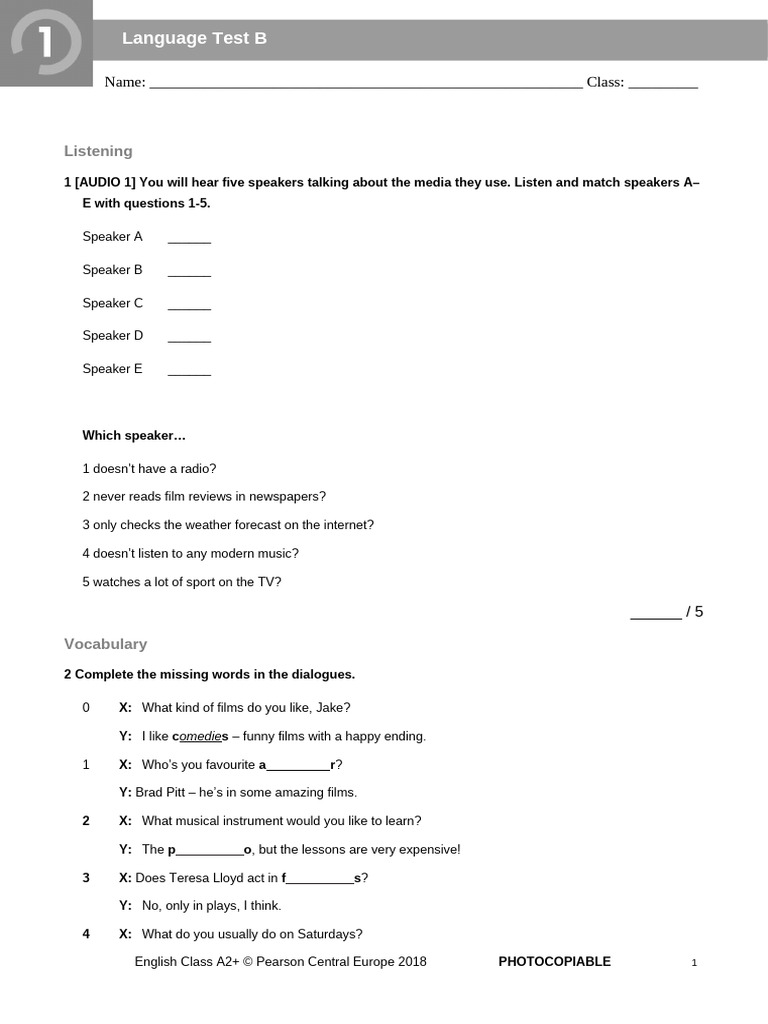 Language Skills Test for A2+ Students | PDF | Language Arts ...