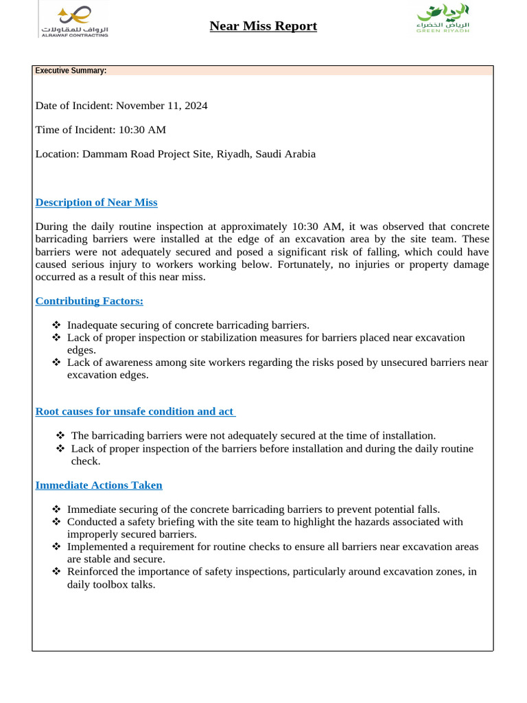 Near Miss Report: Excavation Safety Risks | PDF | Occupational Safety ...