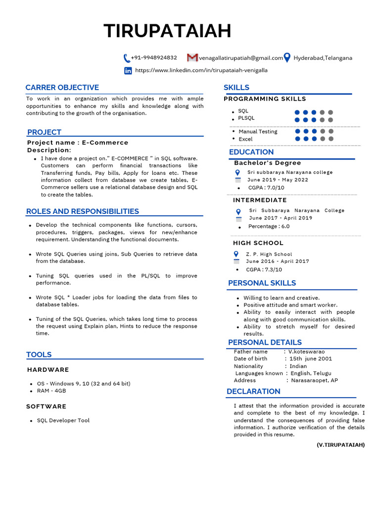 Tirupathi_Resume | PDF | Pl/Sql | Computing