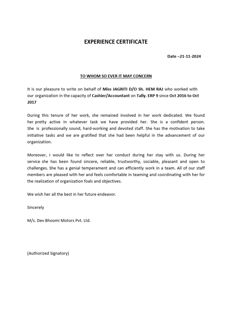 Experience Certificate for Accountant | PDF
