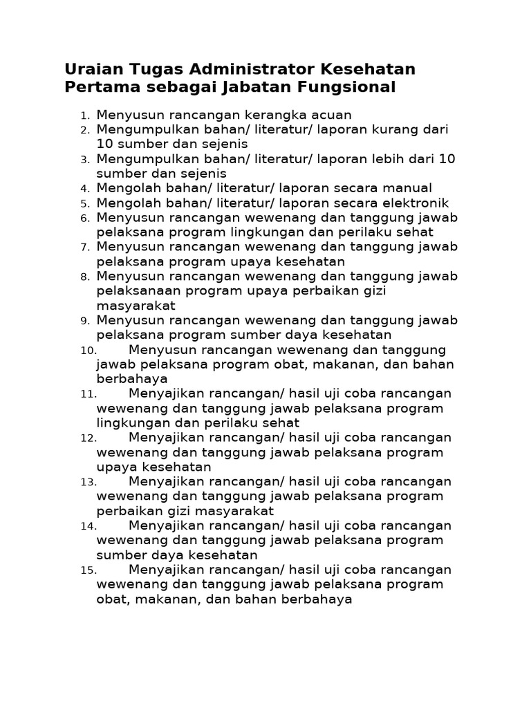 Uraian Tugas Administrator Kesehatan Pertama Sebagai Jabatan Fungsional | PDF | Kesehatan ...