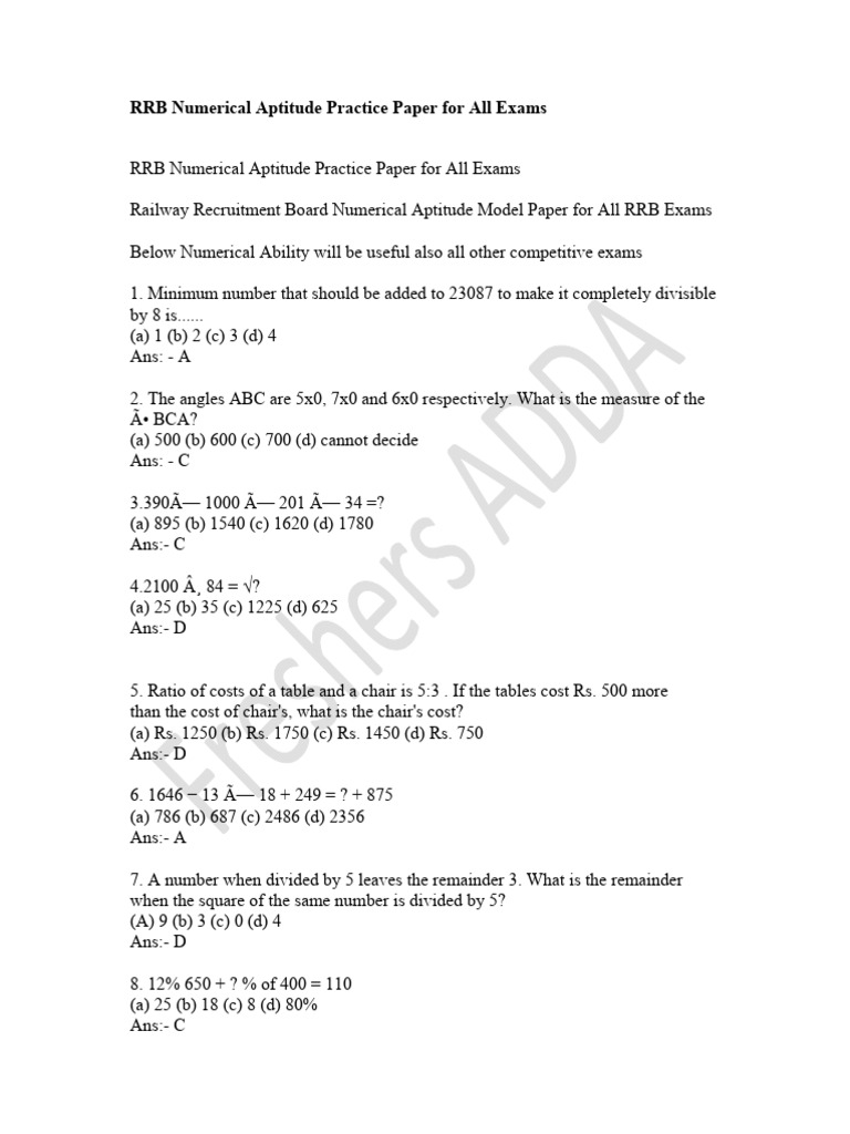 RRB Numerical Aptitude Practice Paper For All Exams | PDF | Algebra