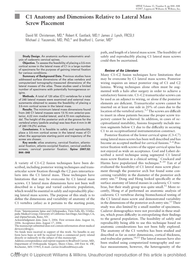 Christensen 2007 C1 Anatomy and Dimensions Relative To Lateral Mass ...