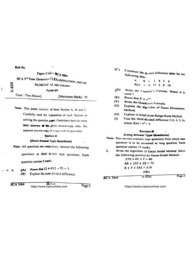 Bca 5 Sem Numerical Methods Bca 5004 2024 | PDF