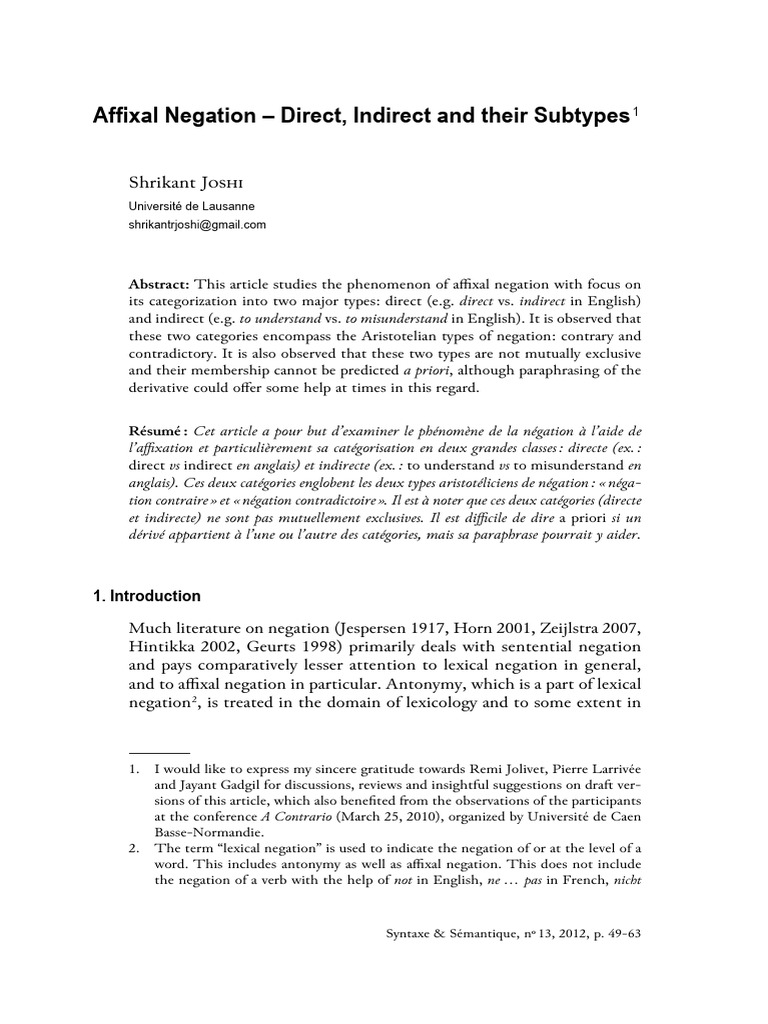Affixal Negation Direct Indirect and Their Subtypes | PDF | Part Of ...