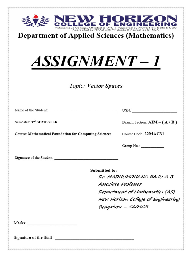 Vector Spaces Assignment - 3rd SEM | PDF | Career & Growth | Computers