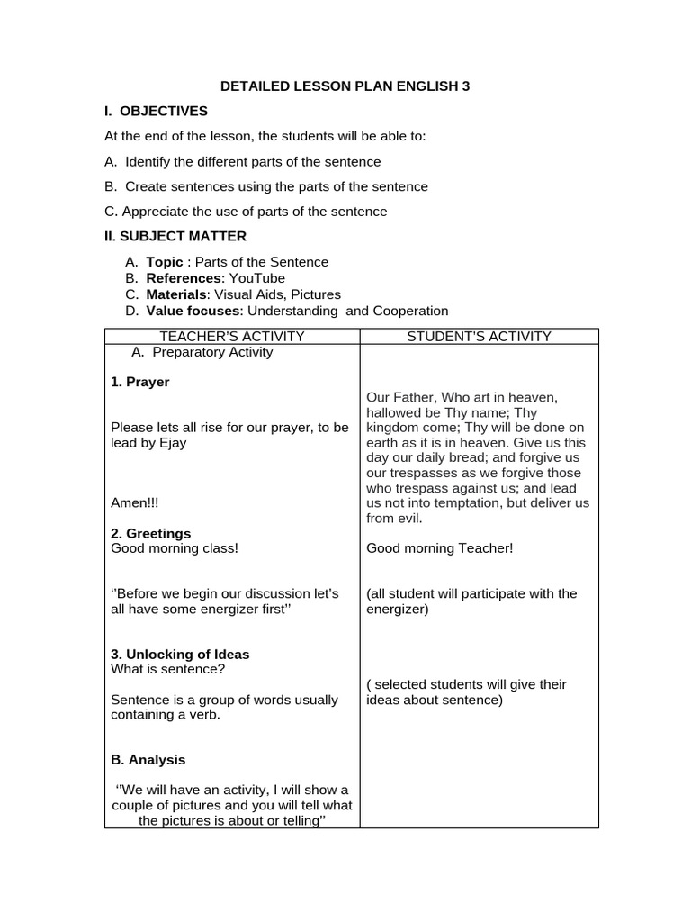 Detailed Lesson Plan English 3 | PDF | Subject (Grammar) | Sentence ...