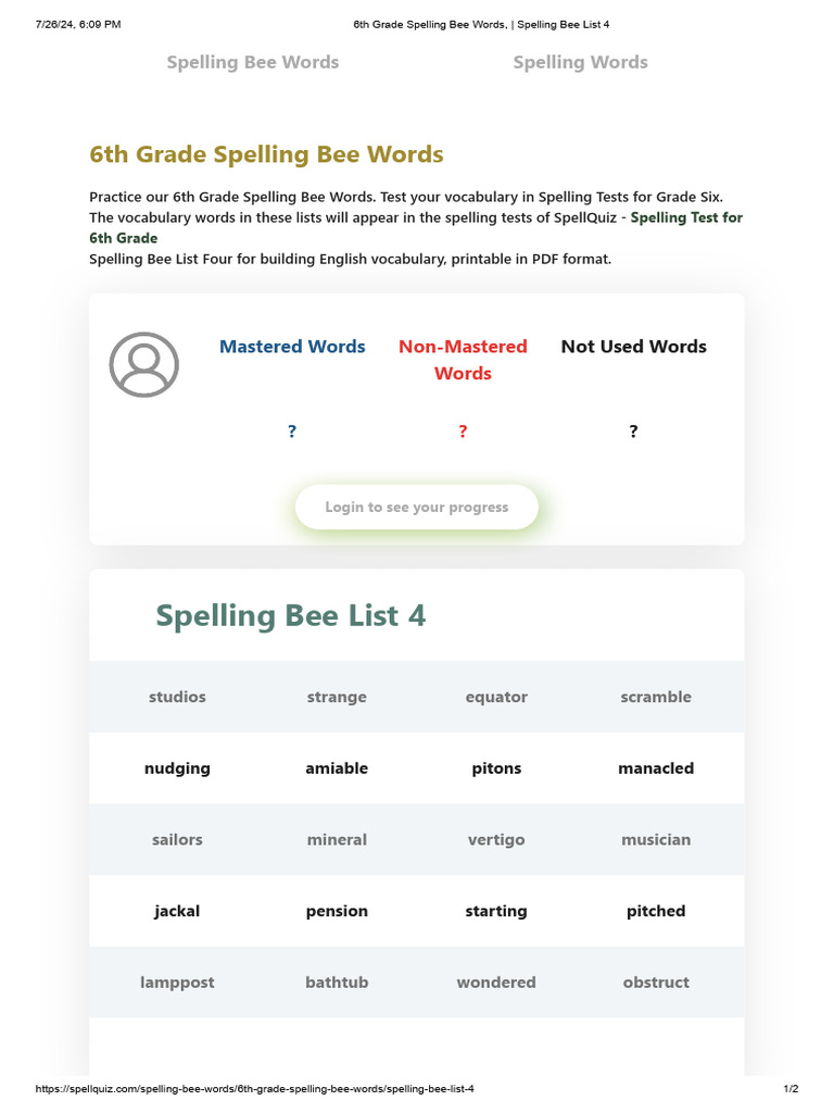 6th Grade Spelling Bee Words, - Spelling Bee List 4 | PDF