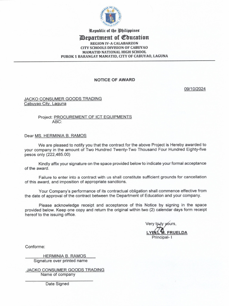 Mamatid NHS - Notice of Award | PDF