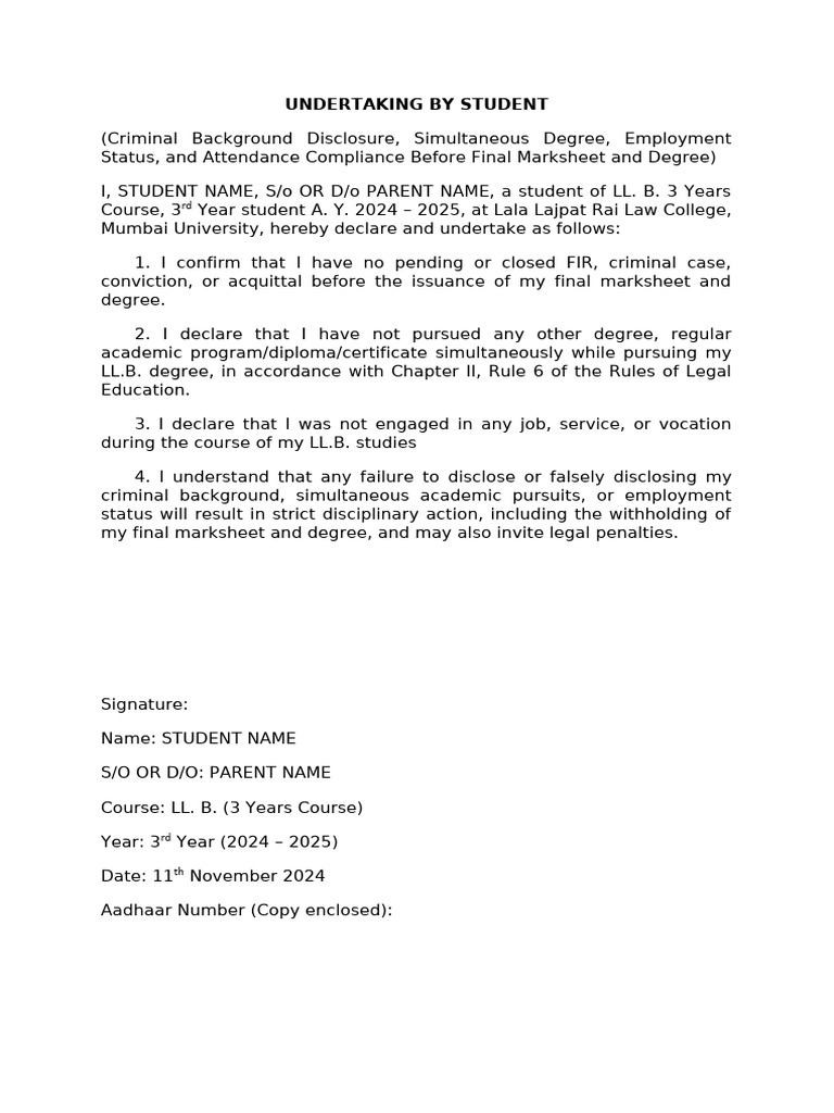 Student Criminal Background Undertaking | PDF | Career & Growth | Finance & Money Management