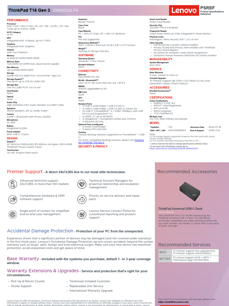 ThinkPad T16 Gen 3 21MN004LFR | PDF | Usb | Personal Computers