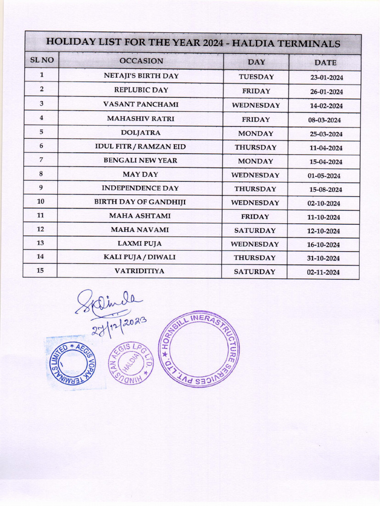 Aegis Holiday LIst - 2024 | PDF