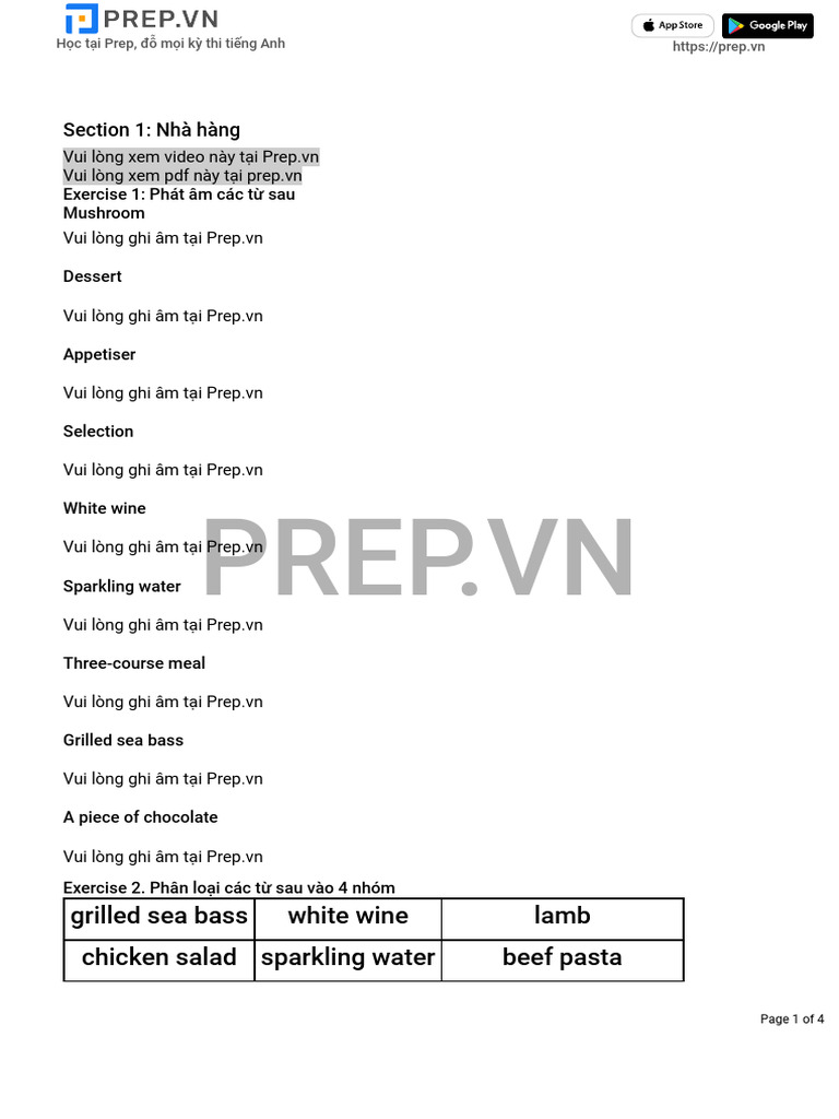 Vocabulary Exercises for Restaurant Menu | PDF | Meal | Restaurants