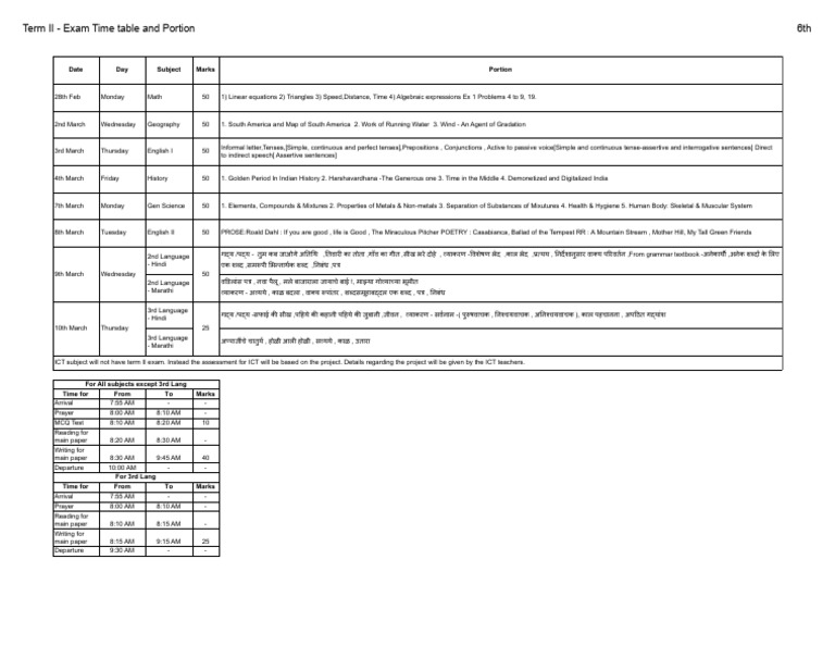 Term II - Exam Time Table and Portion - 6th | PDF | Language Mechanics ...