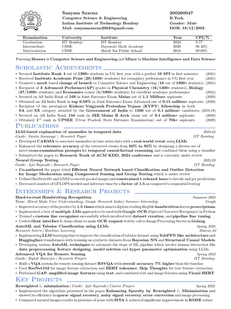 Scholastic Achievements: Sanyam Saxena 200260047 | PDF | Machine Learning | Optical Character ...