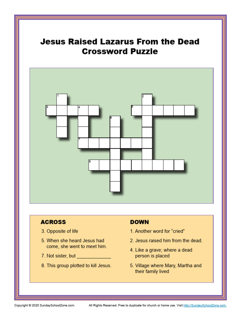 Jesus Raised Lazarus From The Dead Crossword Puzzle | PDF | Lazarus Of ...