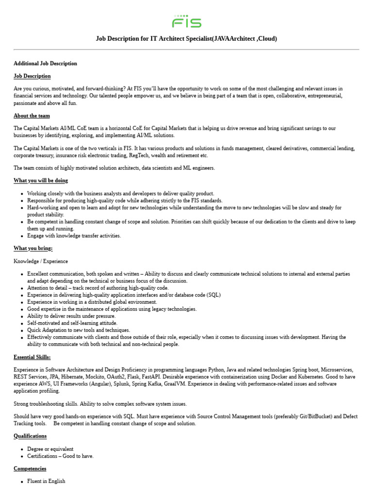Job Description JR0278184 IT Architect Specialist (JAVAArchitect, Cloud ...