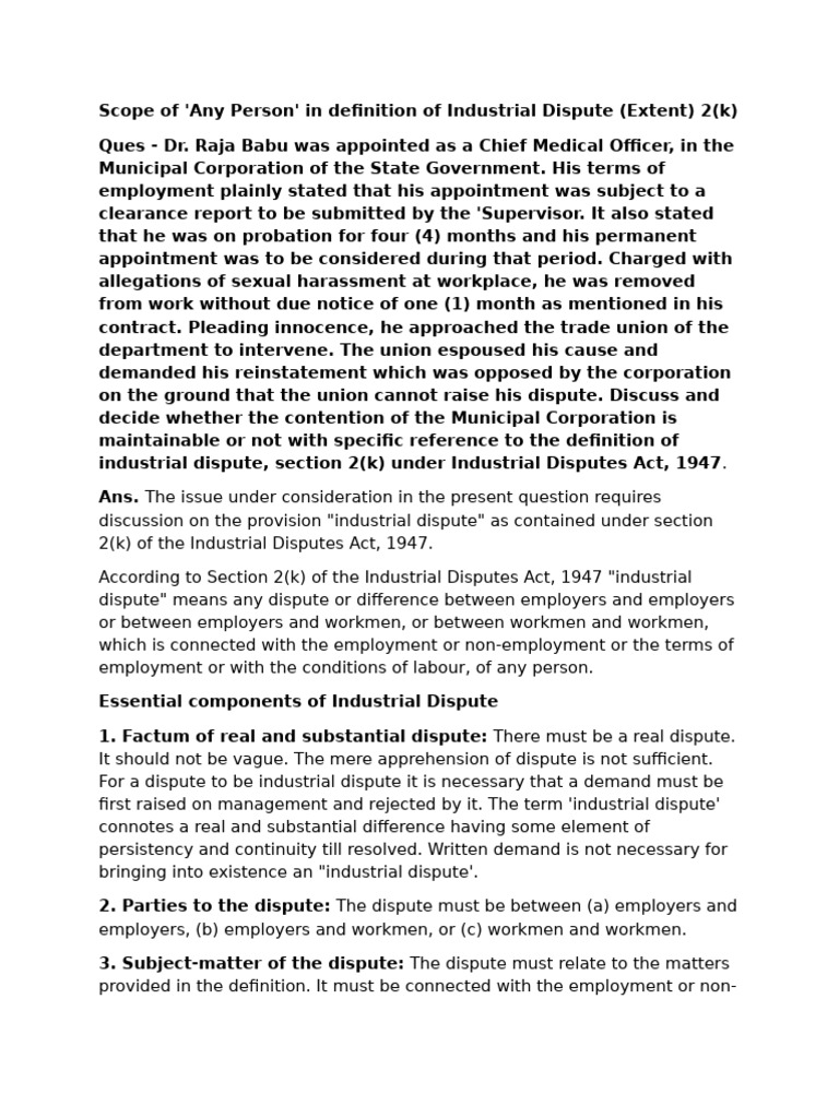 Scope of 'Any Person' in Definition of Industrial Dispute | PDF ...