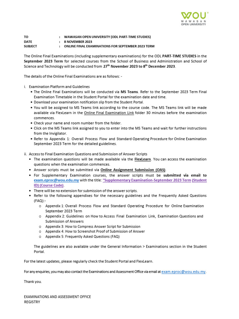 Announcement For Online Final Examinations - September 2023 - ODL Part ...