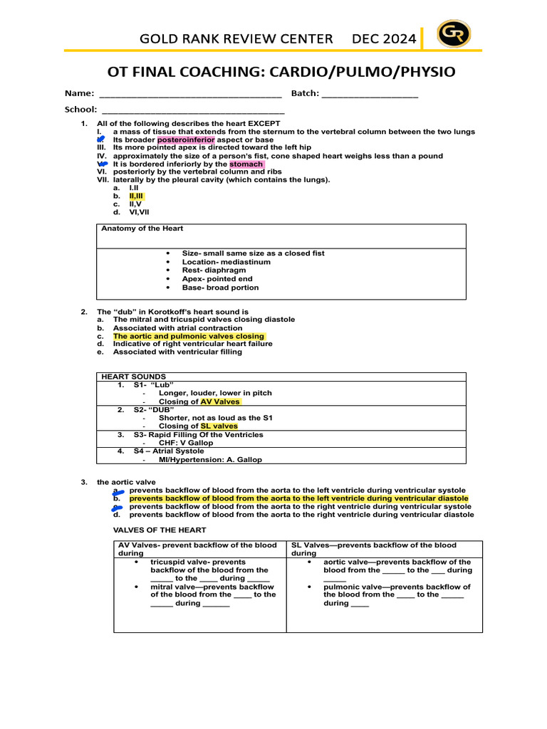 Ot Final Coaching Cardiopulmophysio | PDF | Heart Valve | Ventricle (Heart)